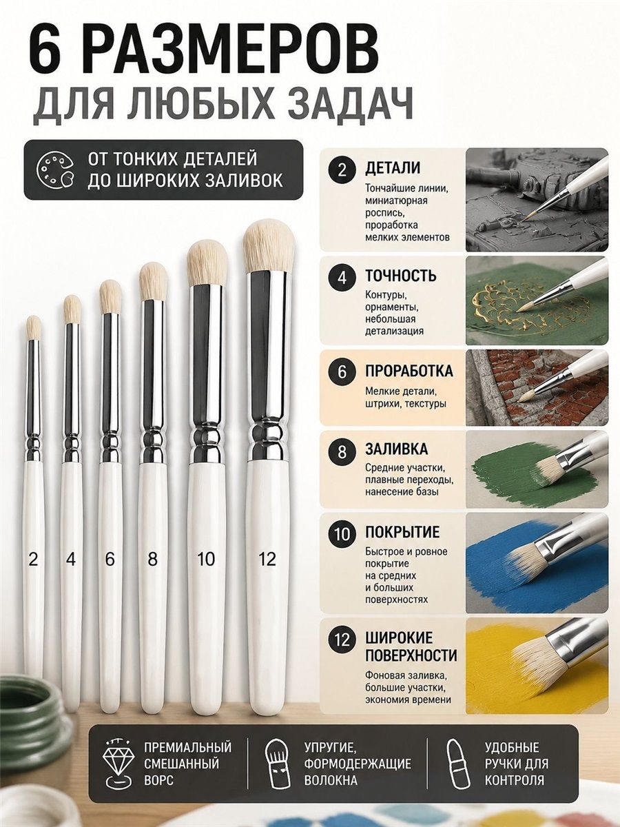 Набор кистей для драйбраша RAY (6 шт), Артикул: 5610774942, Цвет: Белый