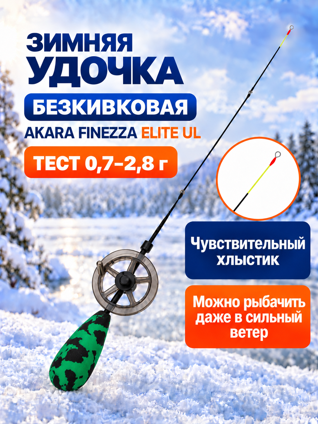 Зимняя удочка безкивковая с катушкой для рыбалки на мормышку 0,7-2,8 г