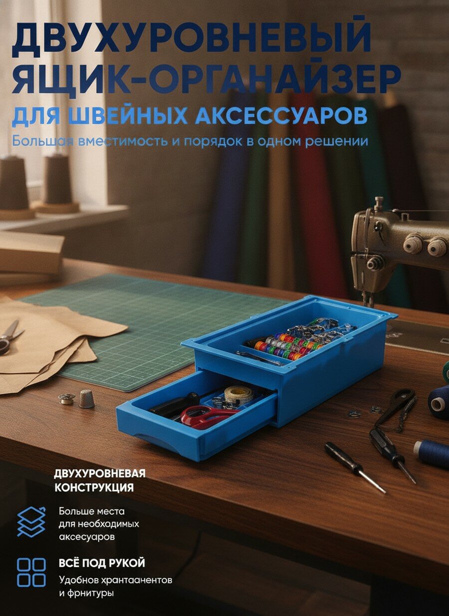 Органайзер для швейных инструментов двухъярусный пластиковый MODEL-20260823-19RO синий, увеличенная вместимость