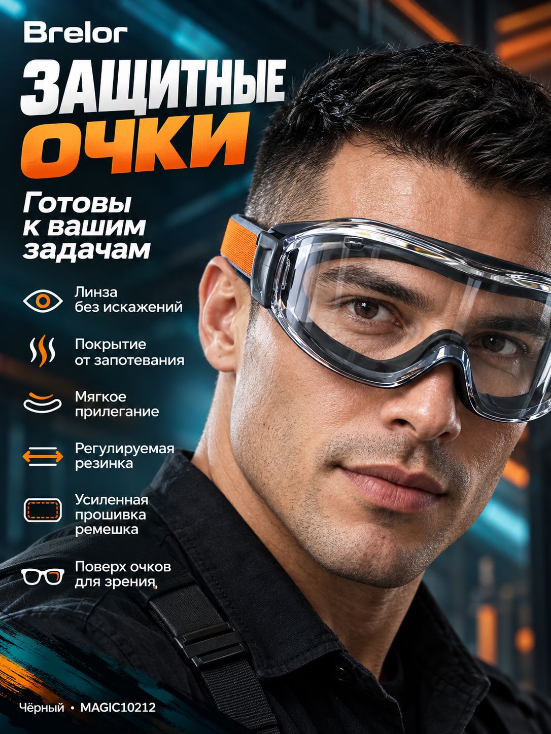 Очки защитные строительные прозрачные (черный уплотнитель).