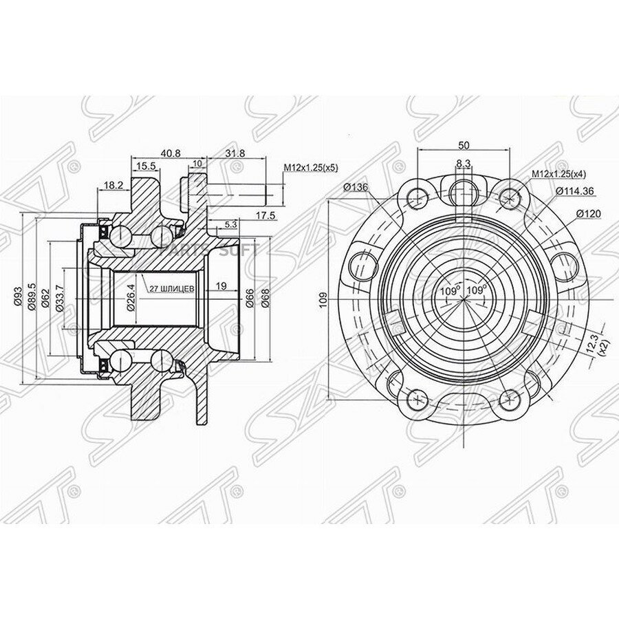 Ступичный узел Infiniti FX35 02-12 / EX25 11-13 (СправаСлева/ Спереди/ 4WD) от официального дистрибьютора, SAT, артикул ST40202EJ70B