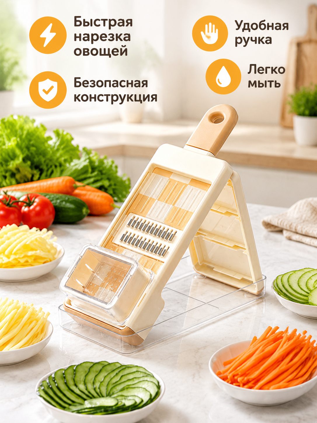 Многофункциональная терка для овощей и картофеля, безопасная овощерезка, Оранжевая клетка, 4-в-1