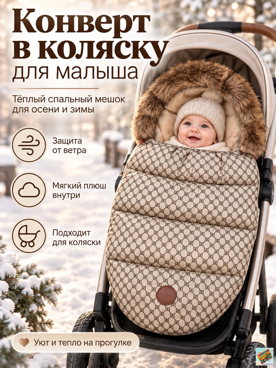 Зимний утеплённый конверт в коляску детский спальный мешок, длина 95 см