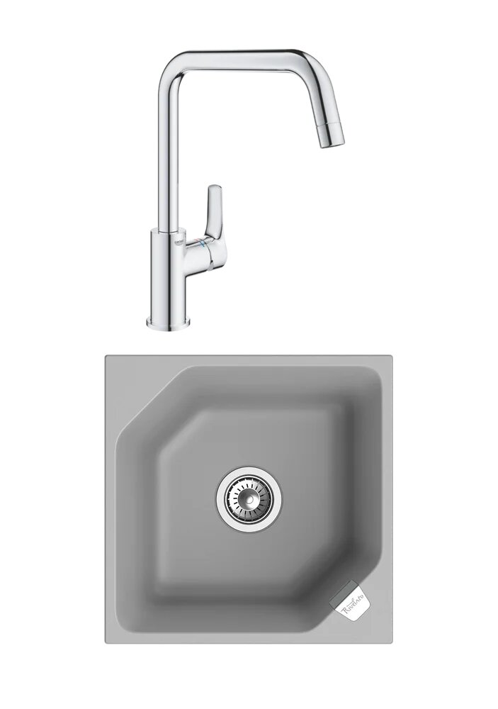 Комплект Мойка Rivelato Locus LS-50 grigio metallizzat 50x50, grigio metallizzato, кварц / Смеситель Grohe Eurosmart 30567000 глянцевый хром