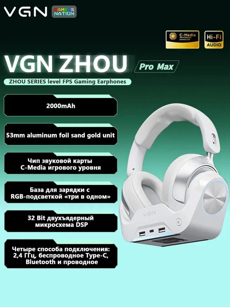VGN Наушники с микрофоном ZHOU, Bluetooth, Радиоканал, USB Type-C, белый, серебристый