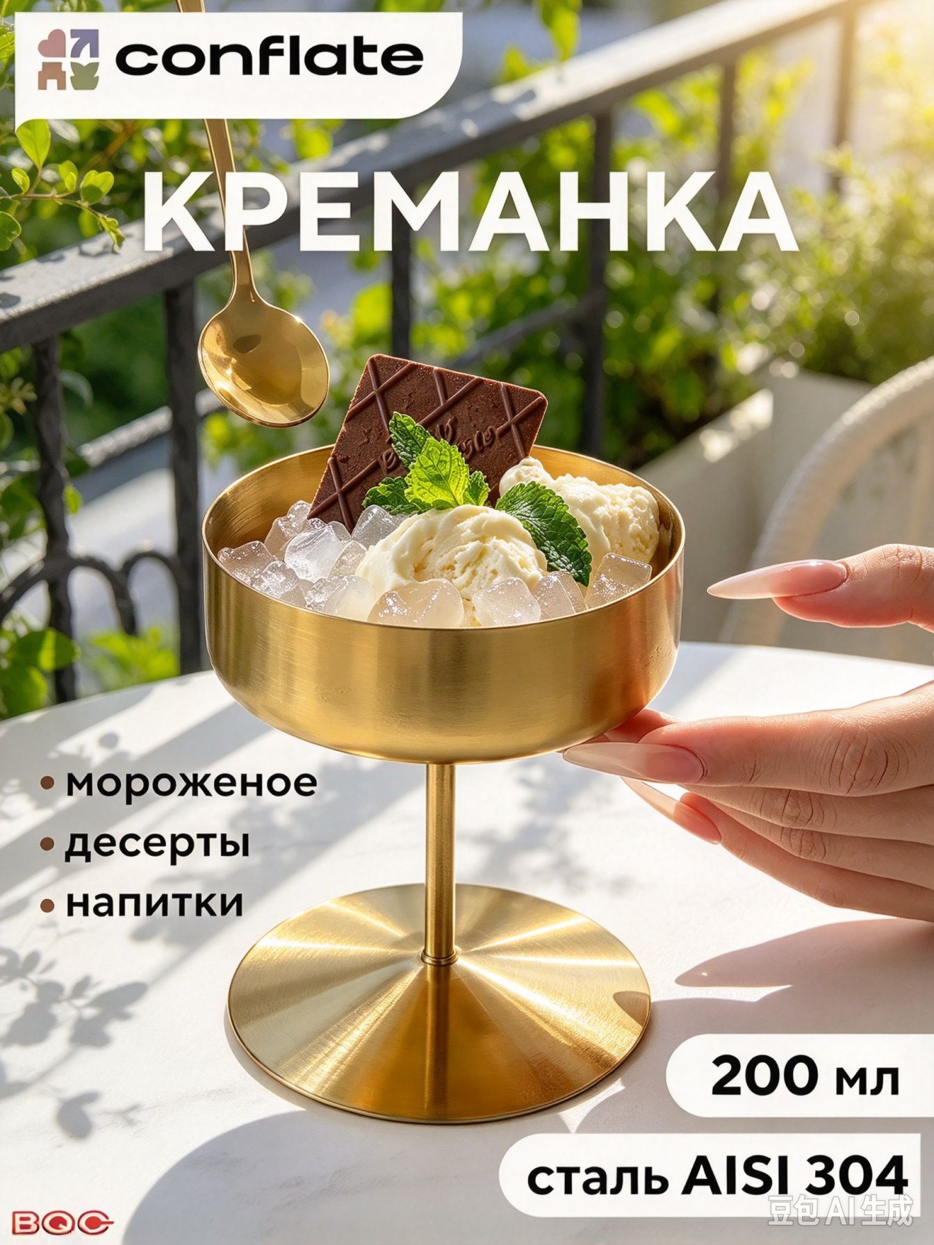 Креманка 10 см 200 мл нержавеющая сталь 1 шт цвет золотой