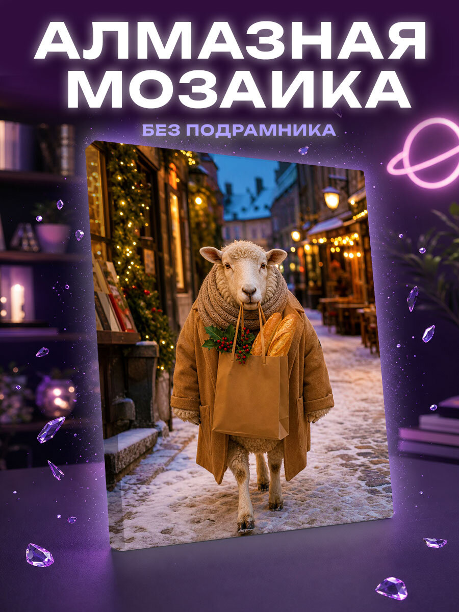 Алмазная мозаика Овечка на рождественской улице
