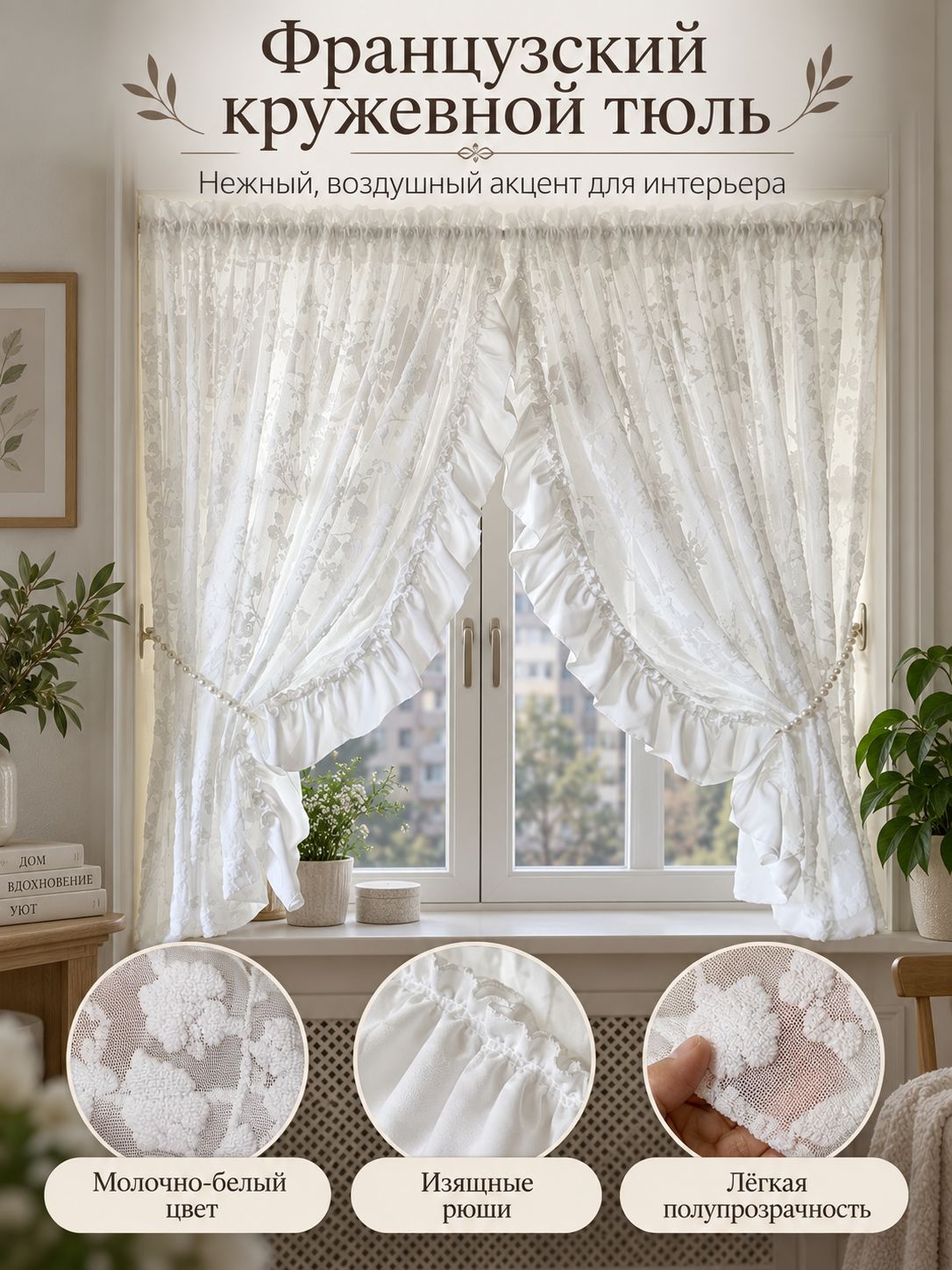 Штора на кулиске 100х140 см 2 шт портьера шерпа, кружево бежевый