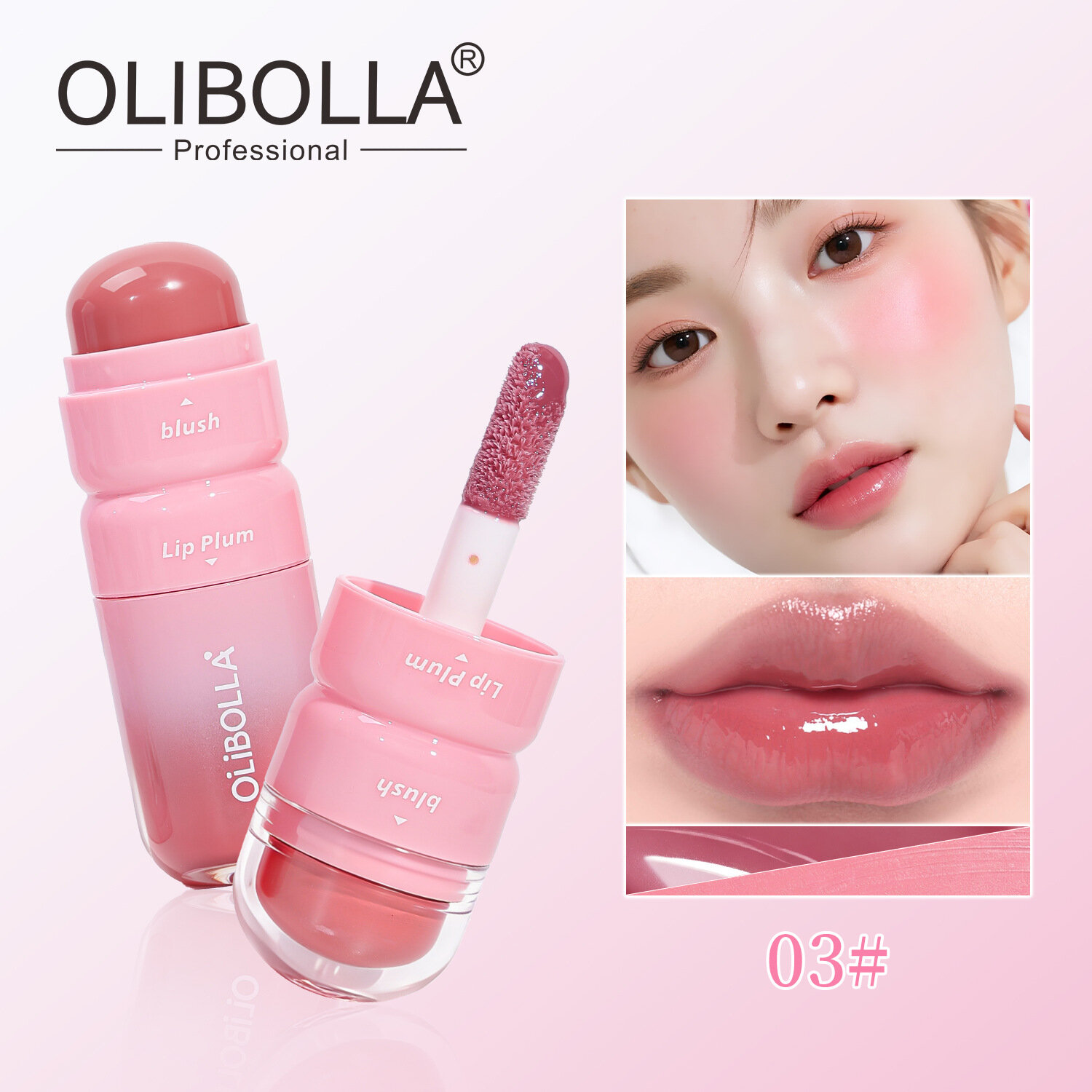 Двусторонний блеск для губ и румяна OLIBOLLA Lip Plum Blush 2 в 1, жидкая текстура, перламутровый эффект, сияющий водяной финиш, 6 оттенков, 7 мл