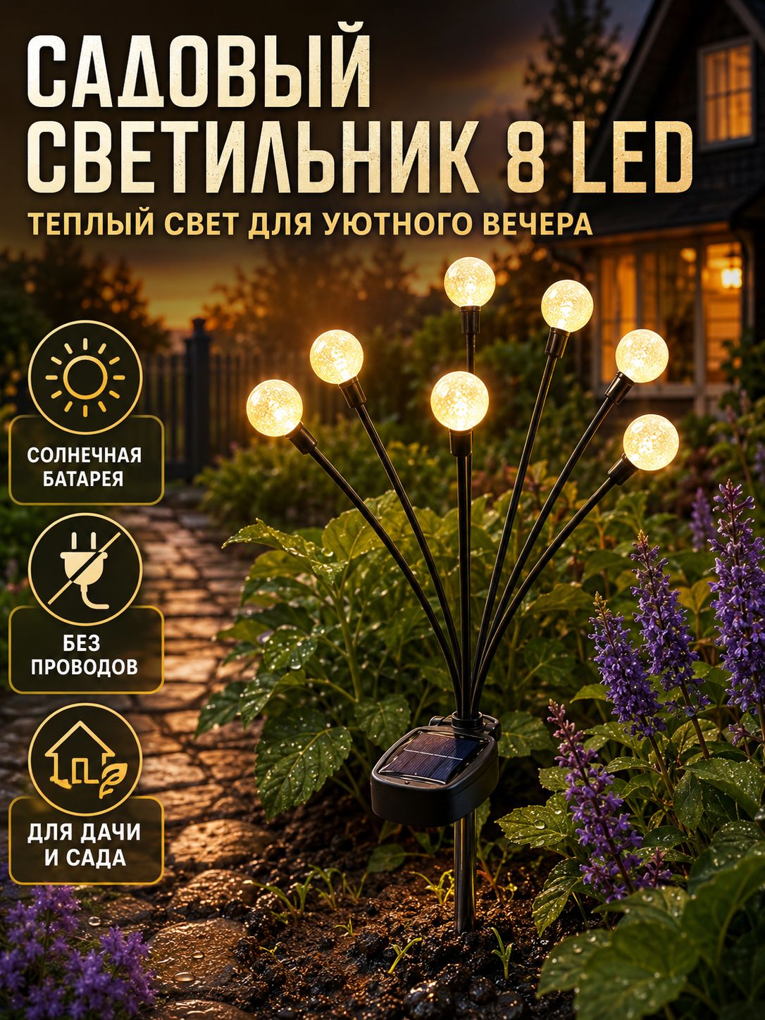 Садовый светильник на солнечной батарее 8 LED, уличный декоративный фонарь Фейерверк для сада, дачи, клумбы и двора, разноцветная подсветка