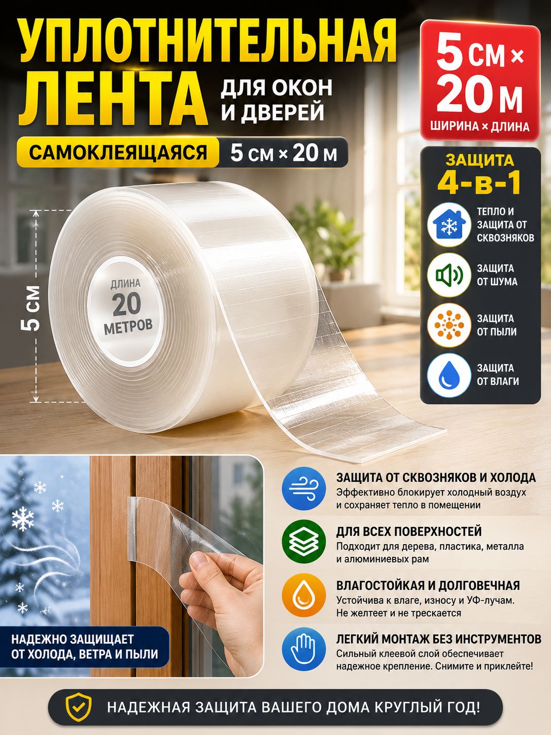Теплолента уплотнительная самоклеящаяся для окон и дверей 5 см х 20 м, скотч от сквозняков и холода, защитная лента