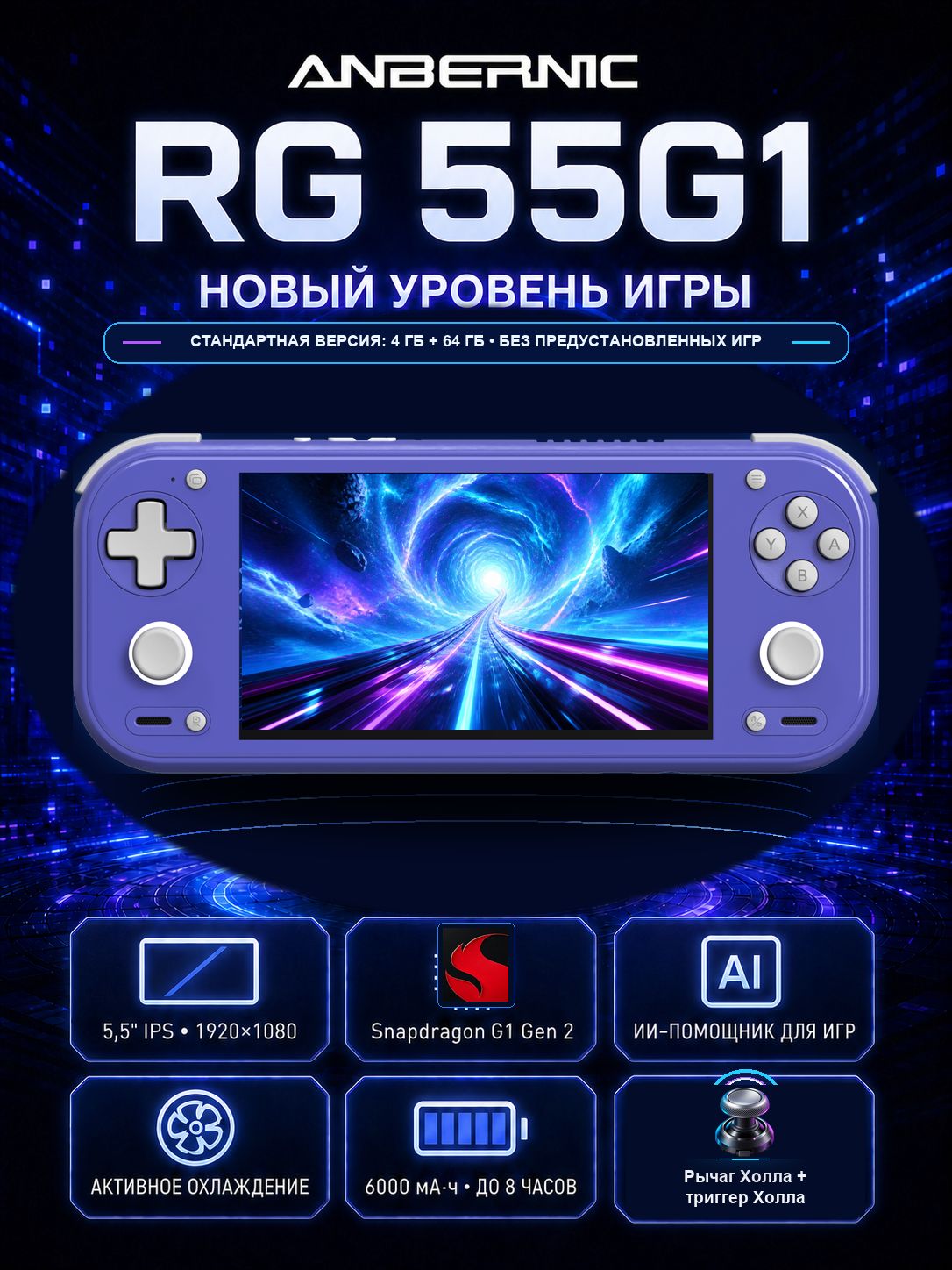 Портативная игровая приставка ANBERNIC RG 55G1, Snapdragon G1 Gen 2, 5.5" IPS 1080p, Android 14, 4/64 ГБ, индиго