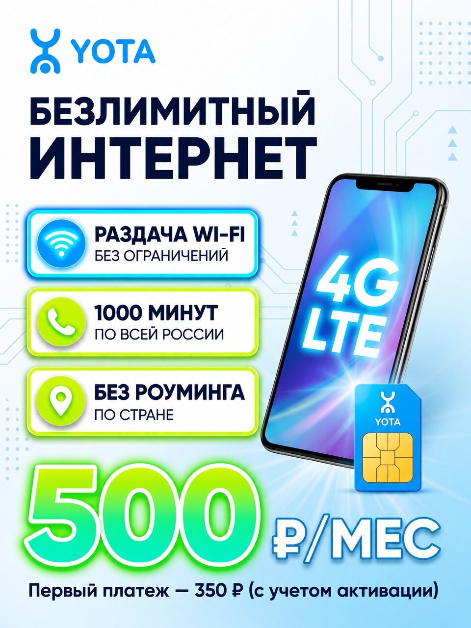 Сим-карта Yota | Безлимит интернет + 1000 мин | 500₽/мес | Для роутера, модема, камеры | Раздача Wi-Fi