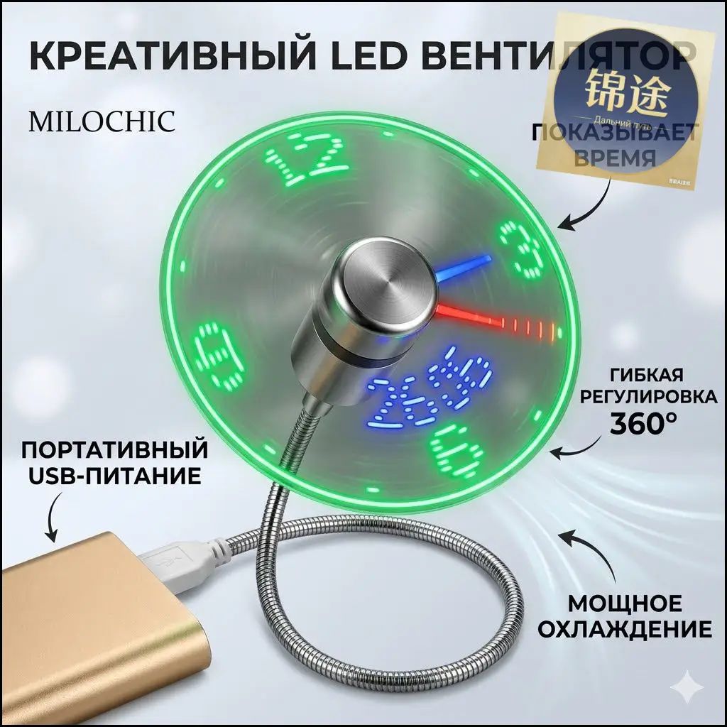 Вентилятор USB-вентилятор с реальной температурой по часам, бесшумный и долговечный, небольшой вентилятор для студенческой столешницы, разноцветный