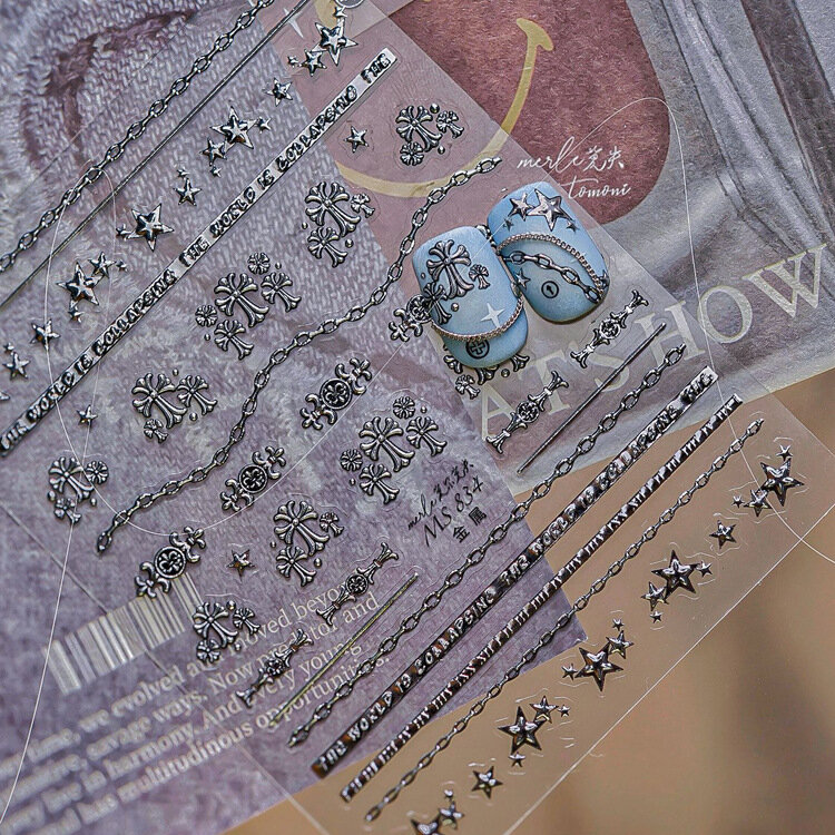 Европейский панк-стиль винтажные крестовые наклейки для ногтей - металлические серебряные стикеры с сердечной деталью,