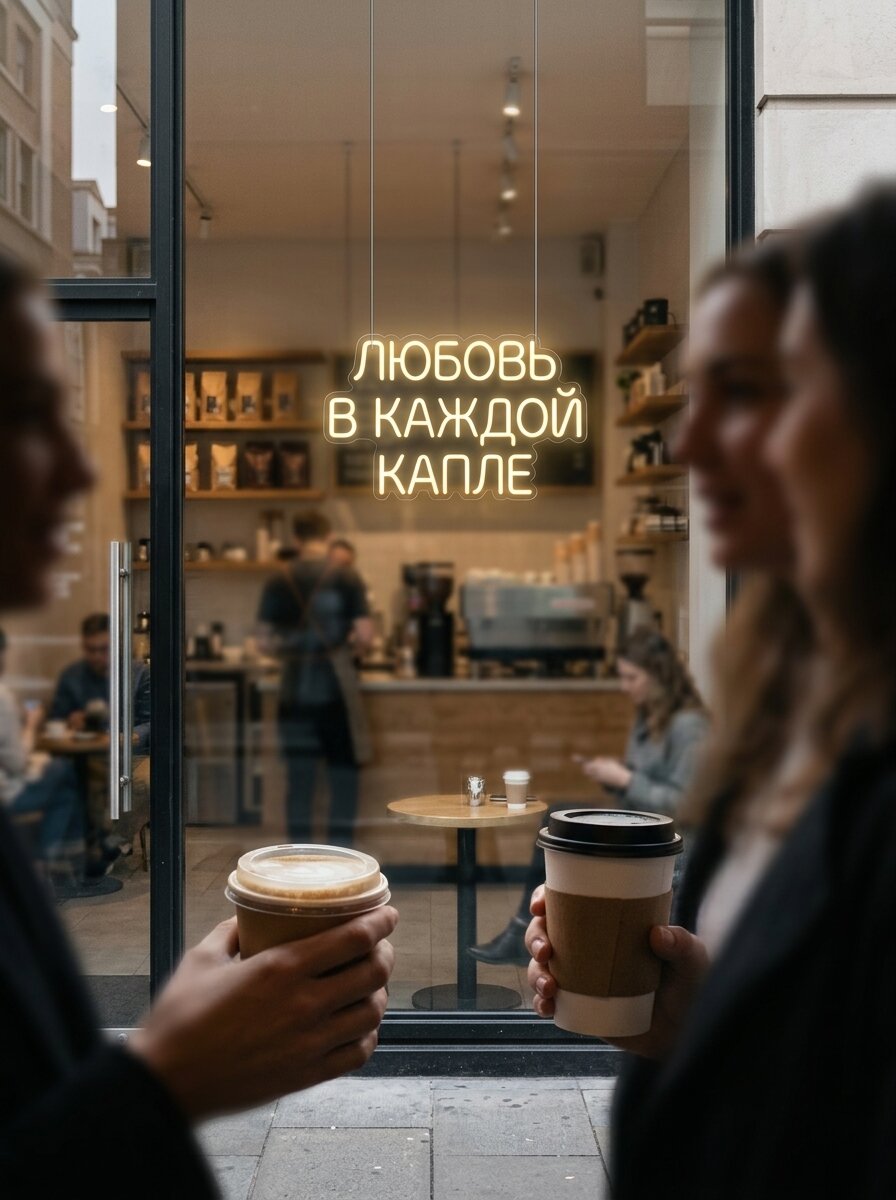 Неоновая вывеска "Любовь в каждой капле" 60х45см, неоновая надпись, LED светильник для кофейни
