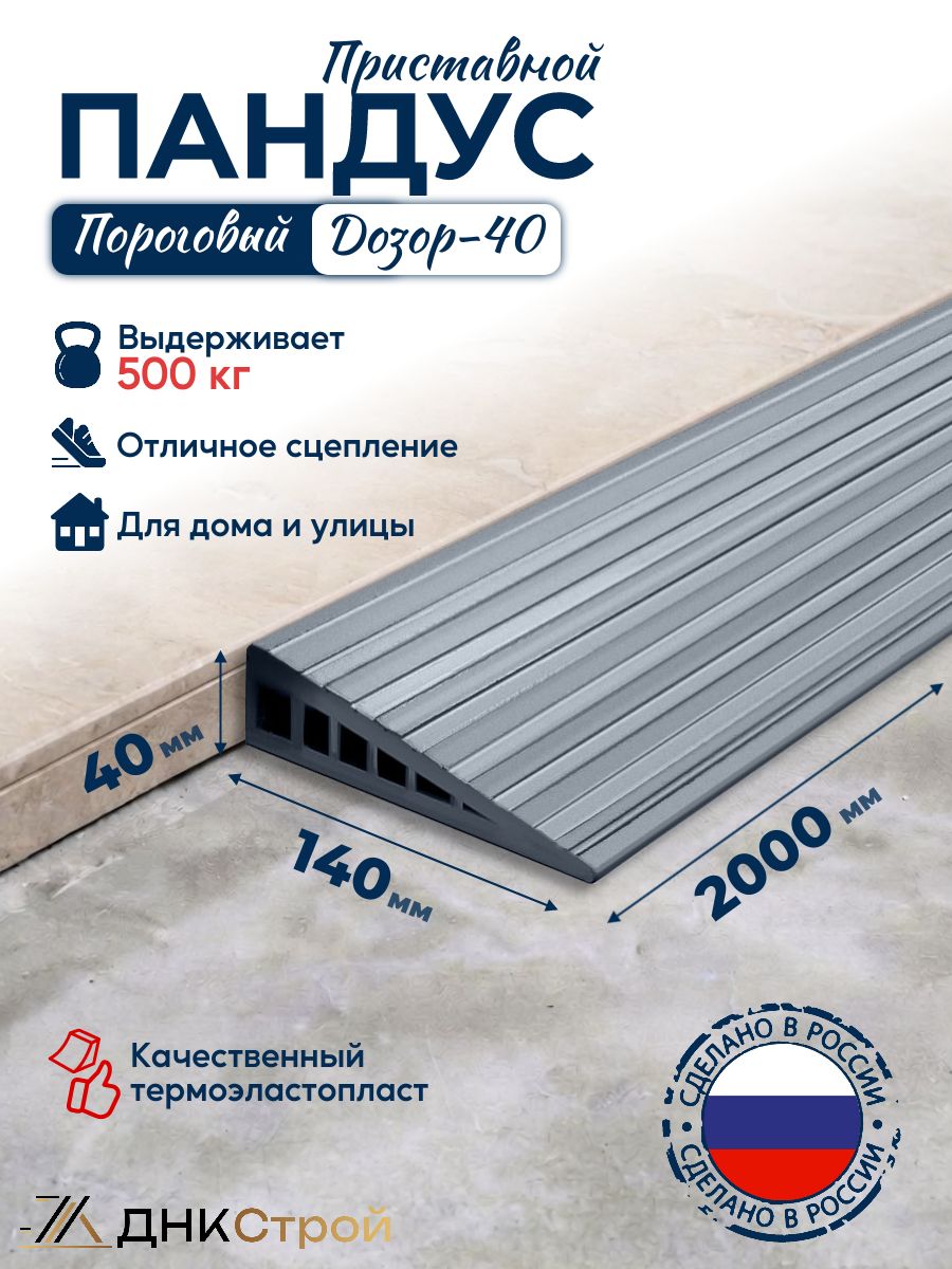 Пандус резиновый пороговый 40 мм высота, рампа приставная противоскользящая, 200 см длина, серый