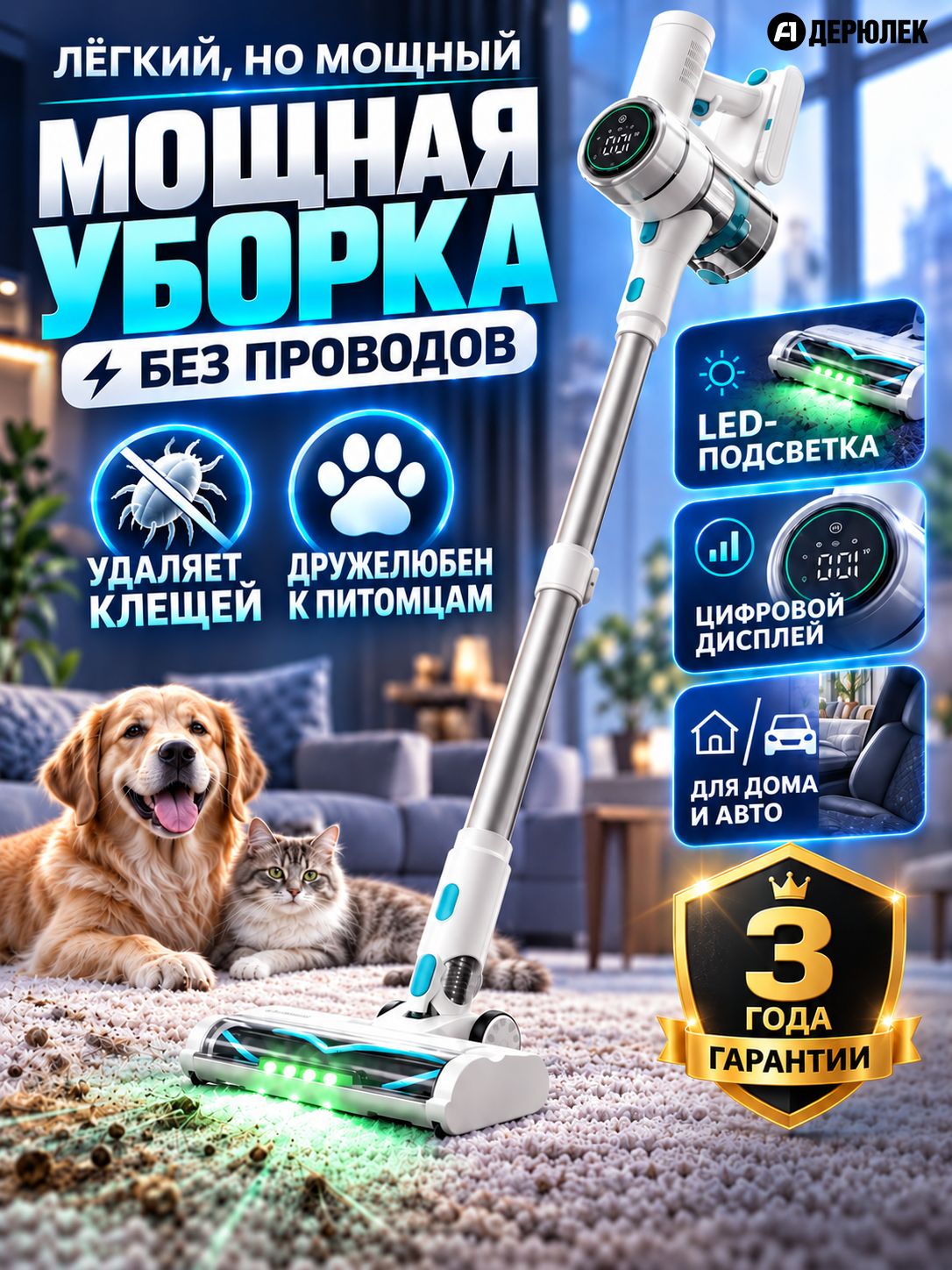 Пылесос вертикальный беспроводной, пылесос для дома Дерюлек P2, Лазерная подсветка, Съёмный аккумулятор