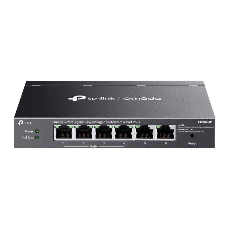 Коммутатор TP-Link Omada ES206GP с упрощённым управлением, 6 портов 1 Гбит/с, 4 порта PoE+ ES206GP