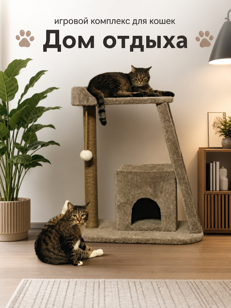 Домик для кошки с когтеточкой, Моя Котя, "Дом отдыха", бежевый ковролин и джут