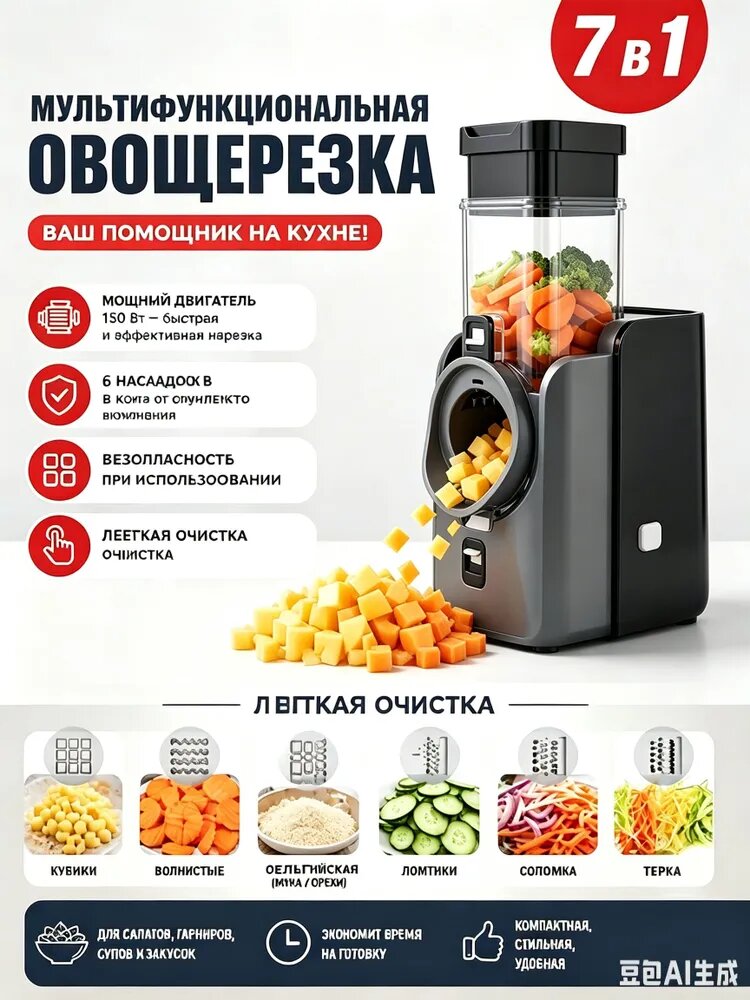 Электрическая овощерезка 7 в 1, мультислайсер для овощей и фруктов, 7сменных насадок, объем резервуара 1200 мл