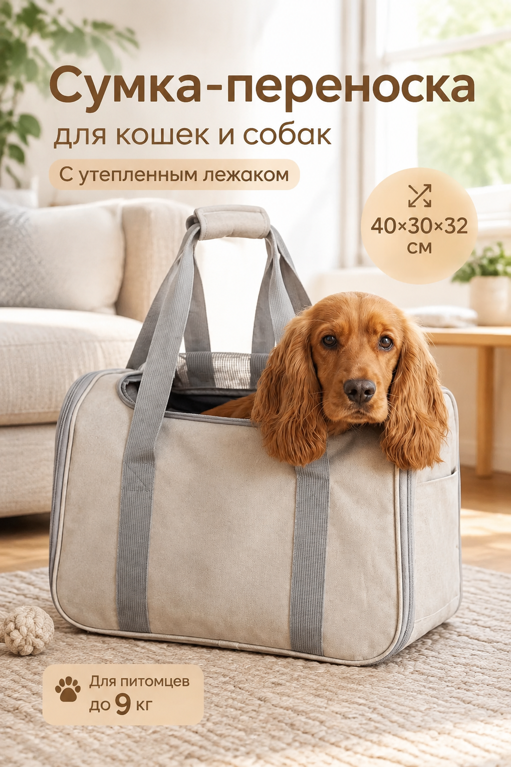 Бежевая сумка-переноска для кошек и собак 40×30×32 см с утепленным лежаком
