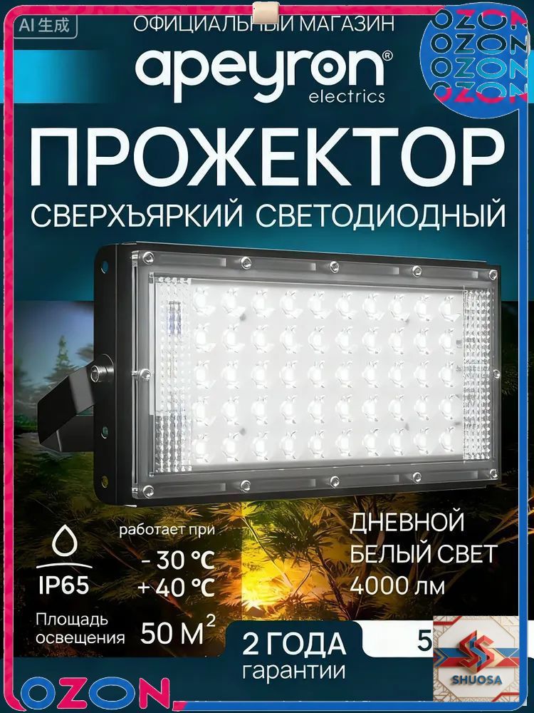 Прожектор светодиодный уличный трансформер 50Вт / IP65 4000К 220В 50W / Фонарь влагозащищенный Черный
