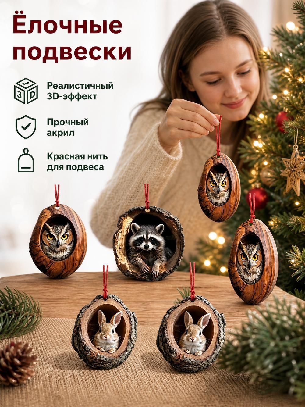 Плоские новогодние игрушки из акрила с принтом животных 8 см, декор для елки (Вариант В)