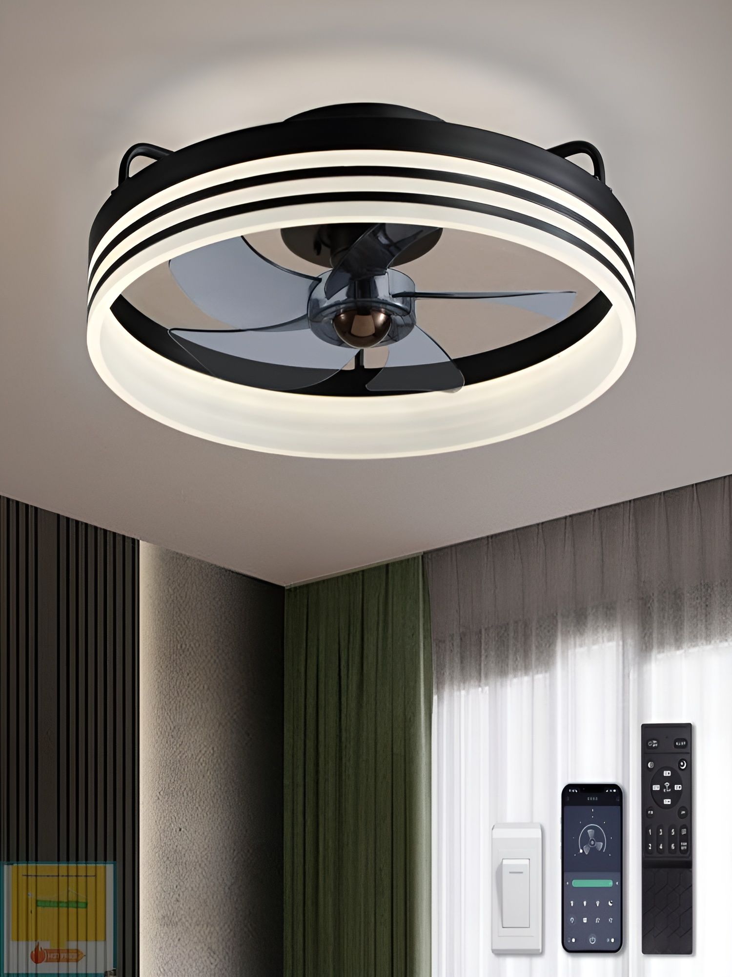 Топ: Потолочный LED-вентилятор 45 см: пульт/APP, 6 скоростей, тихий DC, реверс, диммер 3000-6000K. Спальня/детская/кухня