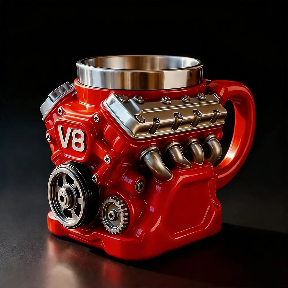 Чашка "Двигатель V8" 1 шт, Красный V8, Материал: смола, нержавеющая сталь — фото 1