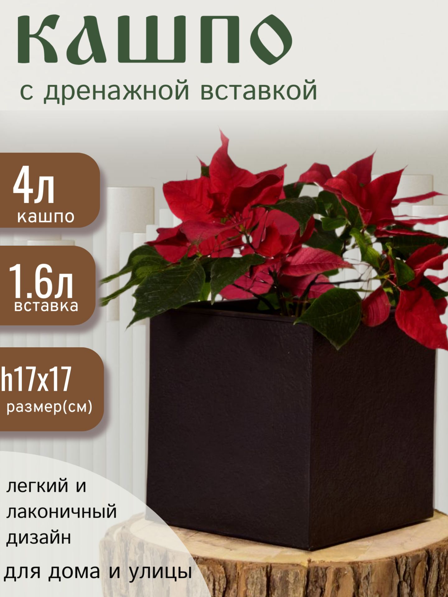 Кашпо для цветов черный куб 4л/1.6л