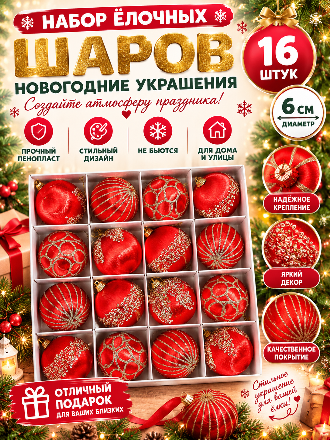 Набор новогодних елочных шаров 16шт 6см. Новогодние елочные игрушки шары на елку .