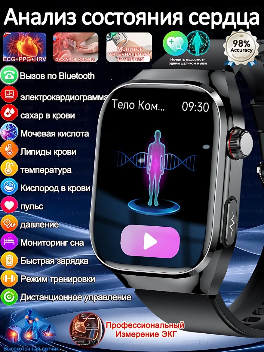 GUHUAVMI Смарт-часы с ЭКГ, сахаром и давлением, AMOLED, 40 мм, черный, 368x448, Bluetooth
