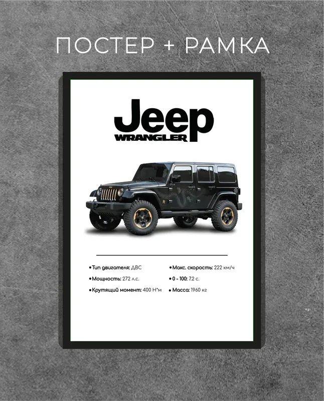 Постер JEEP WRANGLER в рамке A4 / Интерьерный декор для дома, офиса, подарок автолюбителю, другу, парню