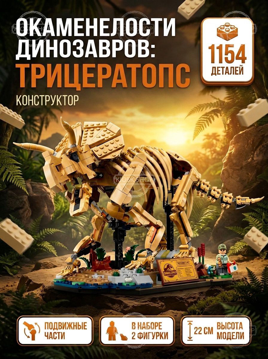 Конструктор Окаменелости динозавров: Трицератопс 1154 детали, Парк юрского периода для мальчиков от 8 лет