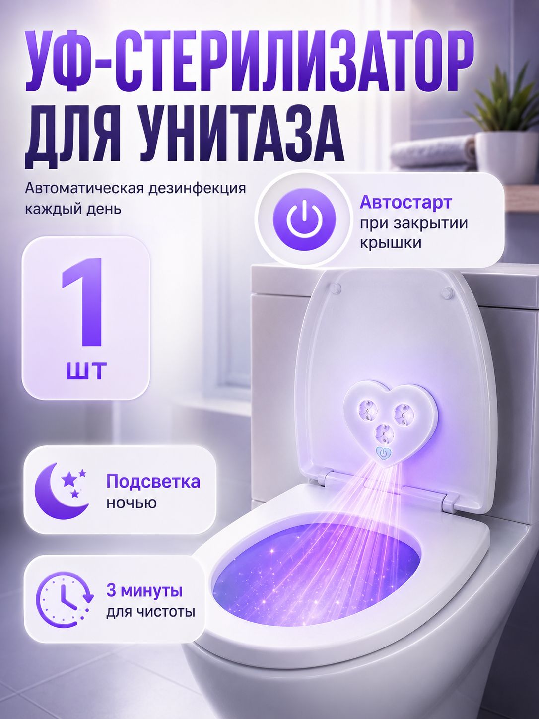 УФ стерилизатор для унитаза автоматический с датчиком крышки, ночной подсветкой и циклом 3 минуты