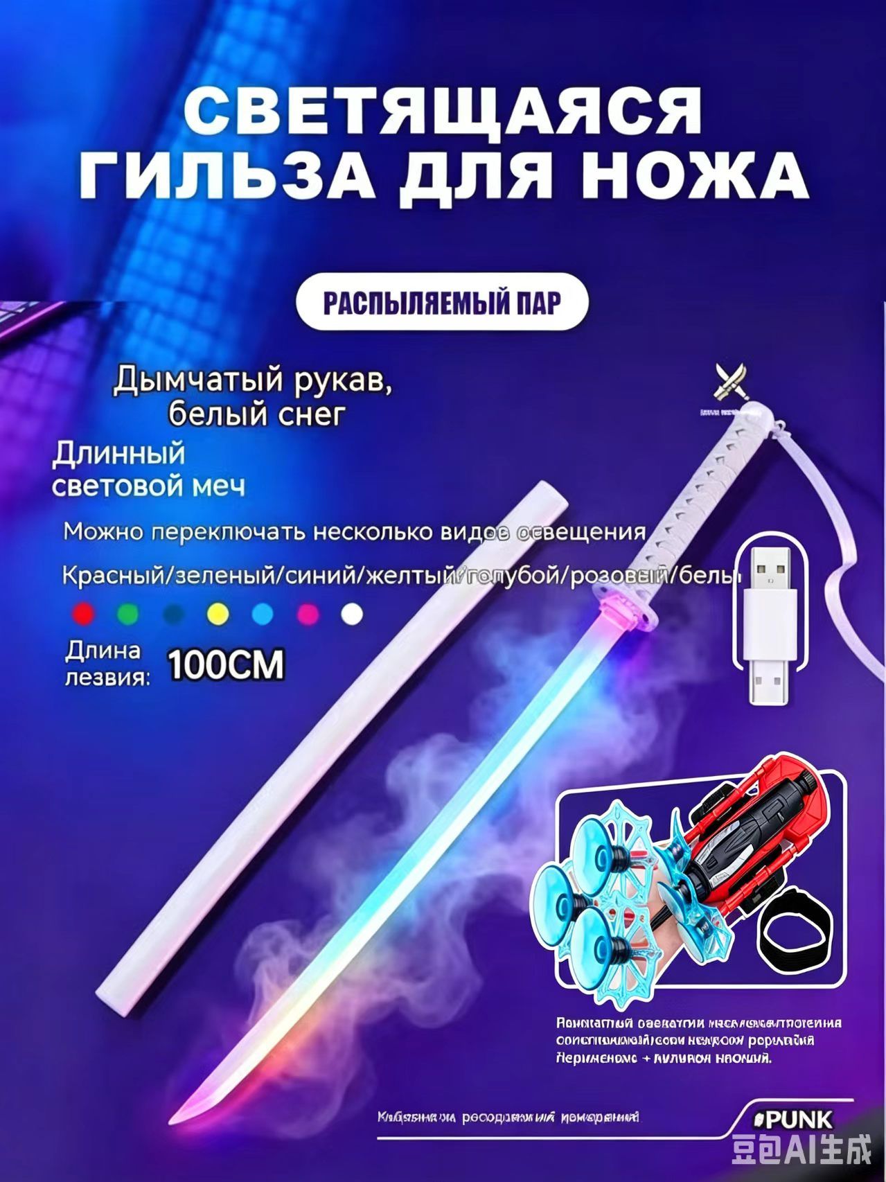 Световой меч-катана белый многоцветный RGB, бамбуковая рукоять с дымом, игрушечный меч для косплей аниме, подарок мальчику, 100 см