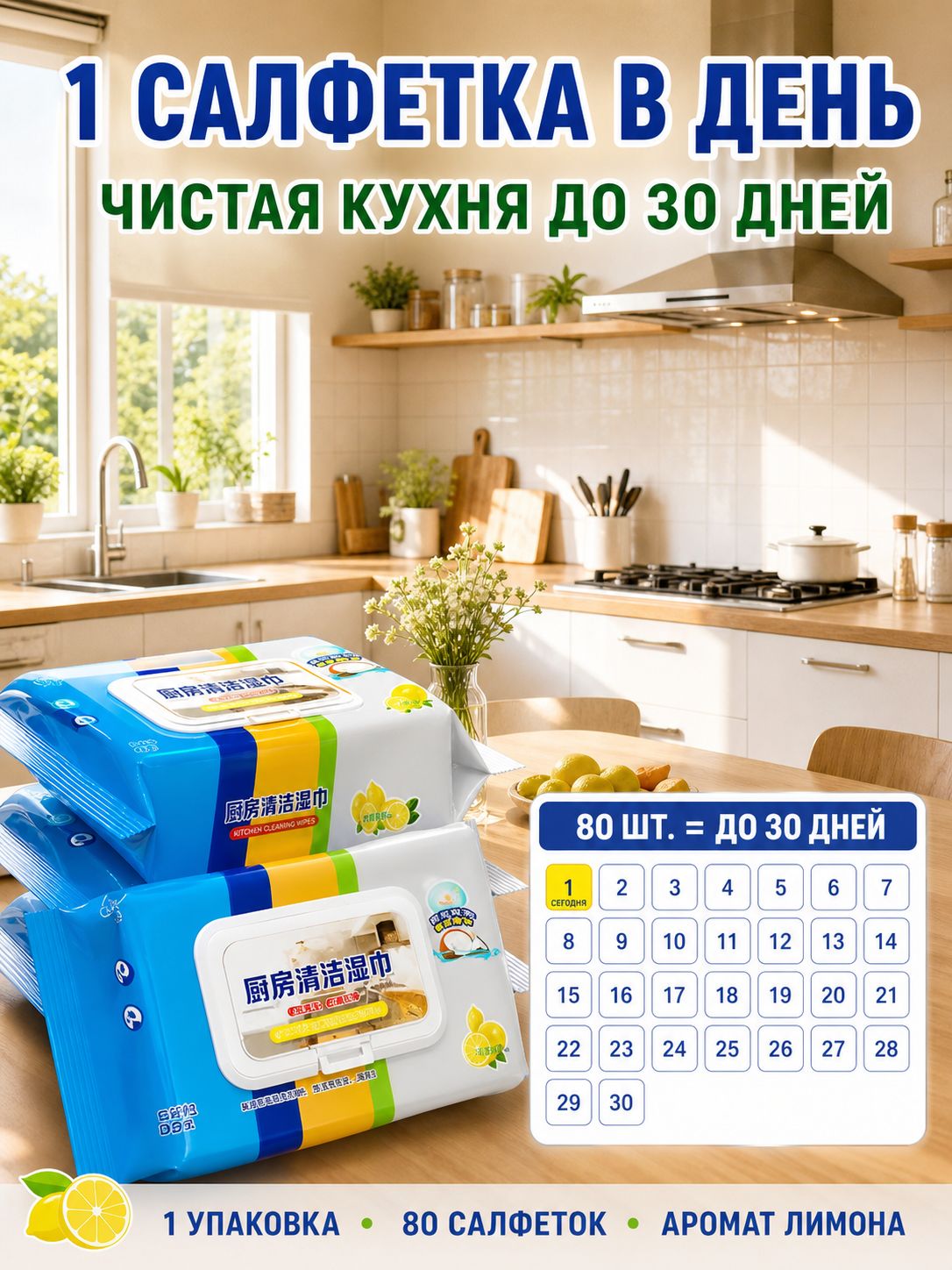 Премиум салфетки для избавления от жира на кухонных поверхностях 80 штук с лимонным запахом используются дома.