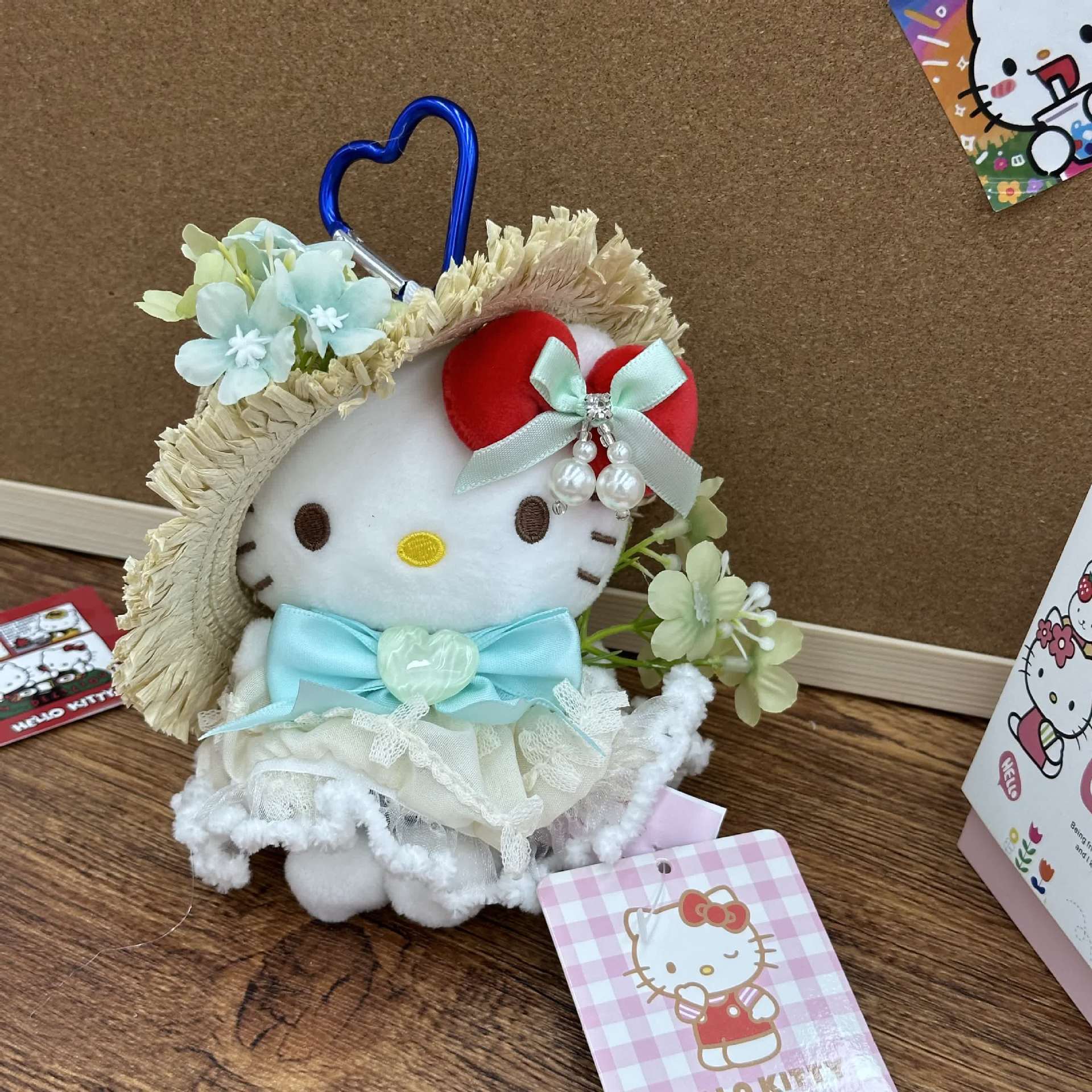 Милый плюшевый брелок Hello Kitty с соломенной шляпой цветы, мультяшная игрушка-подвеска на сумку