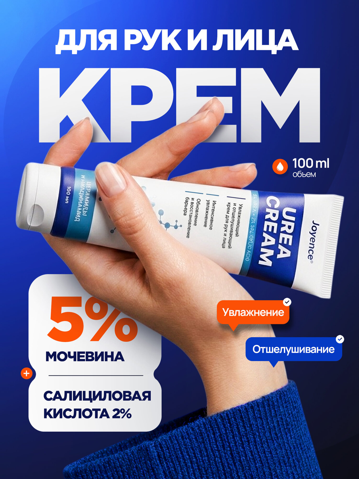 Крем для рук с мочевиной 5% и салициловой кислотой 2%, увлажняющий для сухой кожи лица и тела, с церамидами и ниацинамидом, от шелушения и трещин, 100 мл