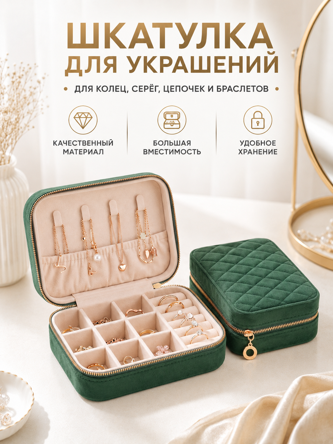 Шкатулка для украшений дорожная на молнии, мягкий органайзер с отделениями для хранения колец, серёг и цепочек