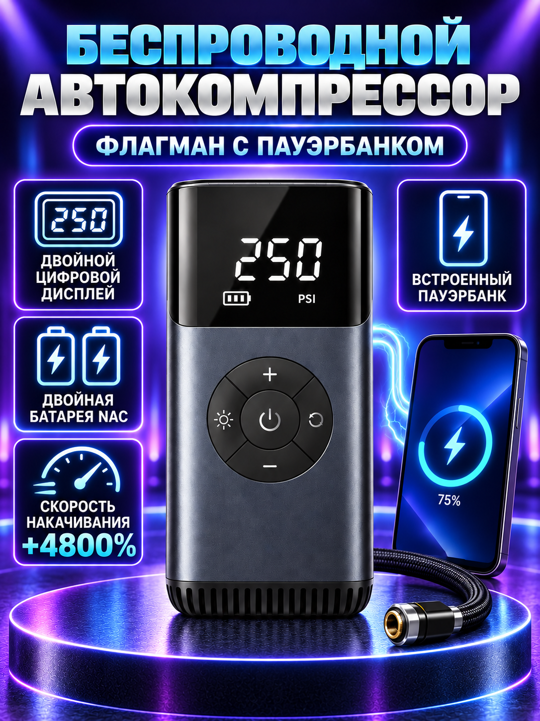 Автомобильный беспроводной насос, портативный электронасос‑компрессор для накачки шин легковых авто