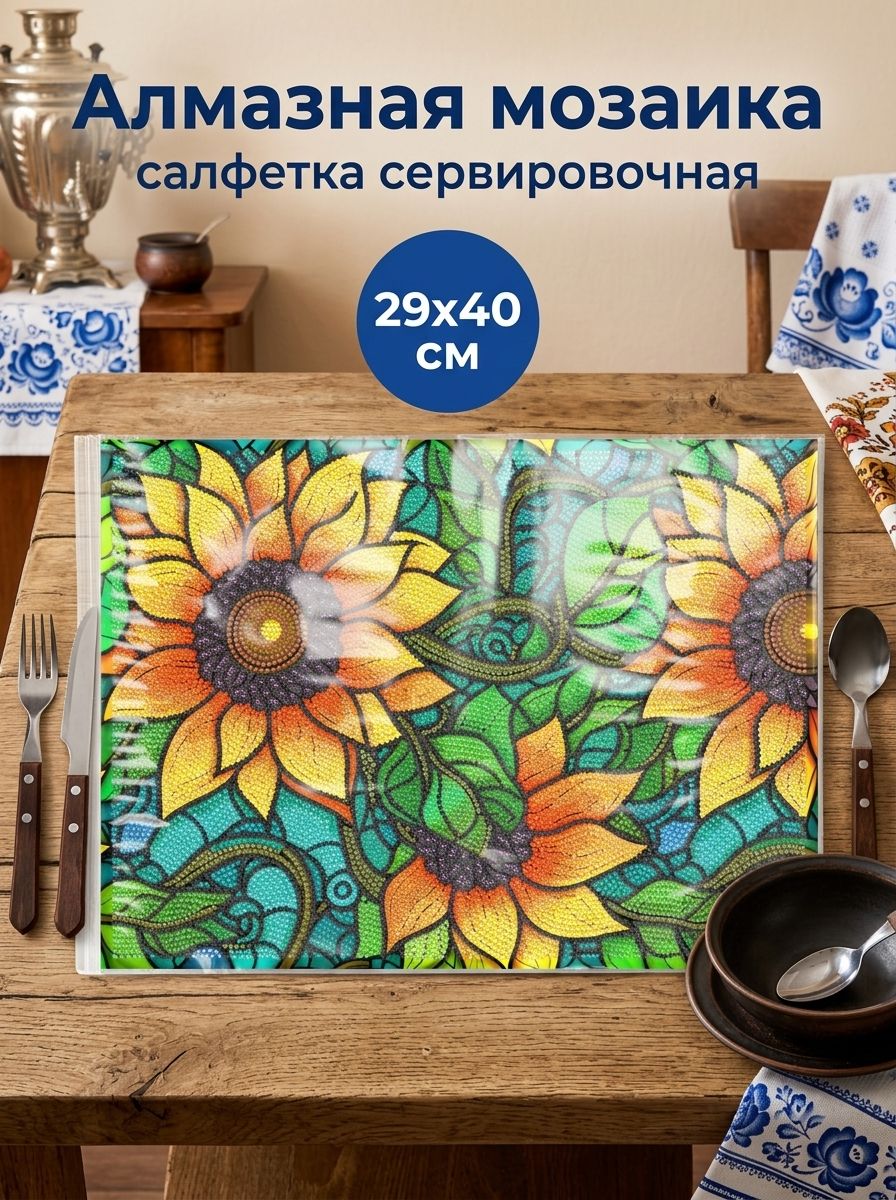 Подставка под тарелки 30х40 см, алмазная мозаика подсолнухи витражный стиль, кубические кристаллы, полная заливка, с защитным пакетом
