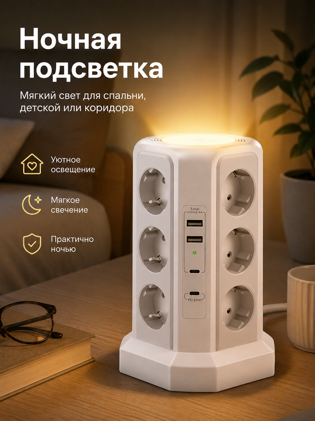 Вертикальный сетевой разветвитель с ночной подсветкой USB PD 20Вт удлинитель питания для дома офиса путешествий