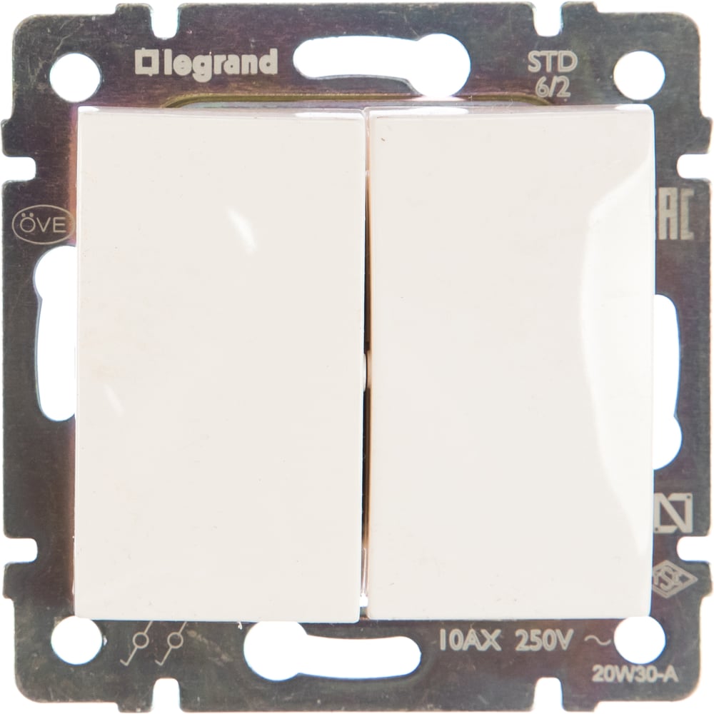 Переключатель Legrand двухклавишный Legrand Valena 10А 250В схема 6/2 безвинтовые зажимы белый 694266