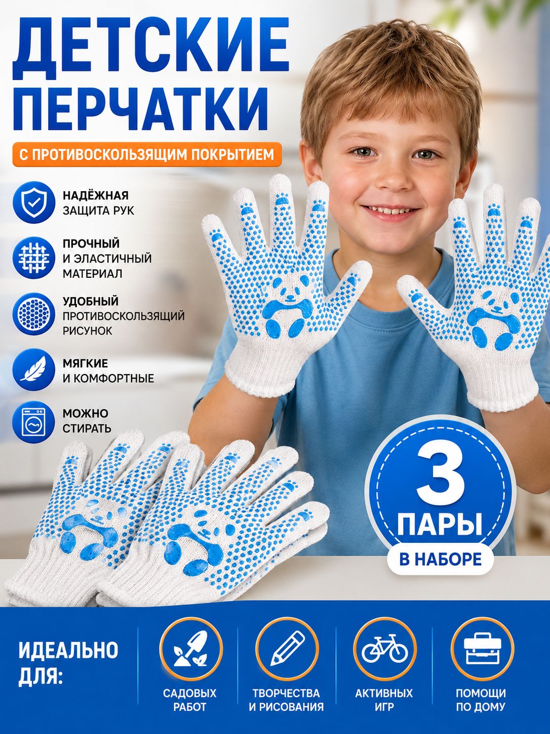 Перчатки детские с точечным ПВХ покрытием для школы и труда,3 пары