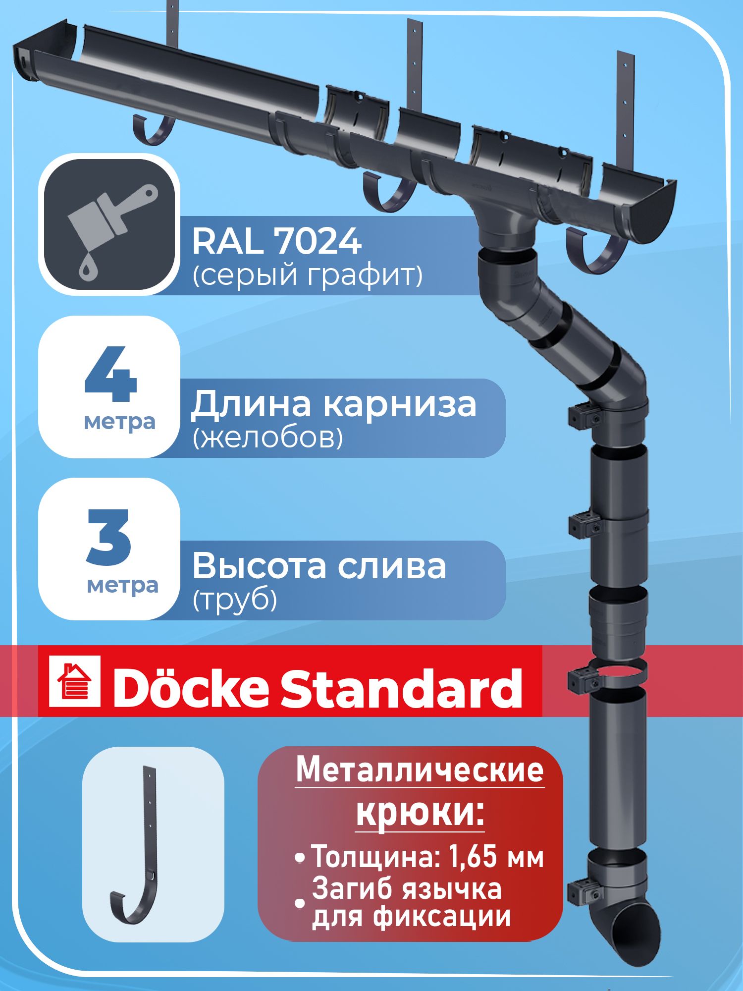 Водосток Деке Стандарт + саморезы RAL 7024 4 м ( 1,5 + 1 м ) водосточная система для крыши 120 / 80 мм (серый графит) комплект элементов с металлическими крюками для кровли, Docke Standard пластик