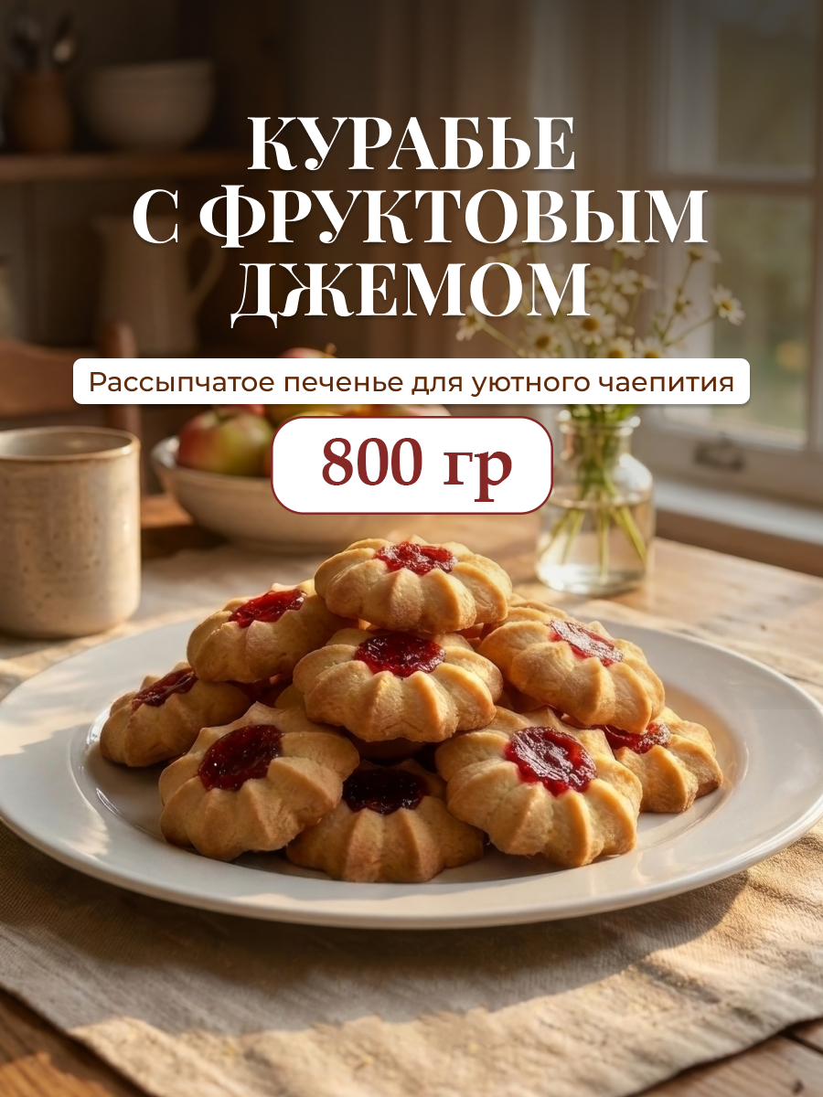 Курабье с фруктовым джемом 800 г, печенье сдобное Курамбей, песочное печенье к чаю