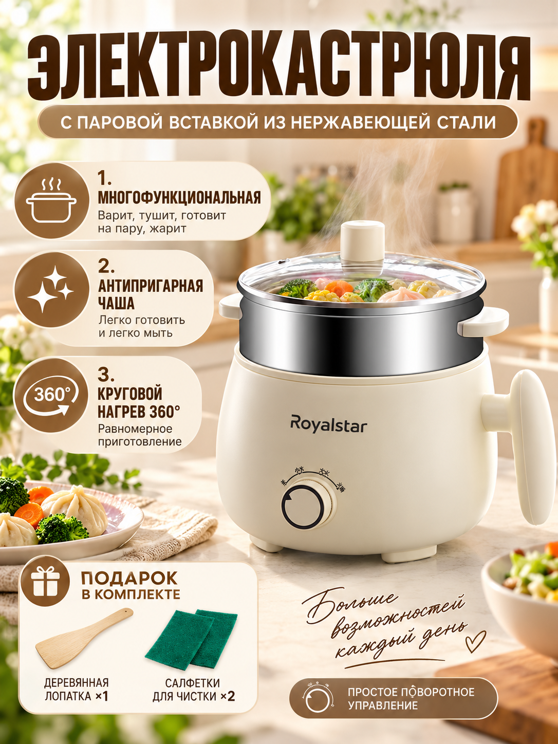 Электрокастрюля домашняя для варки, тушения и жарки, в комплекте деревянная лопатка и салфетки для чистки