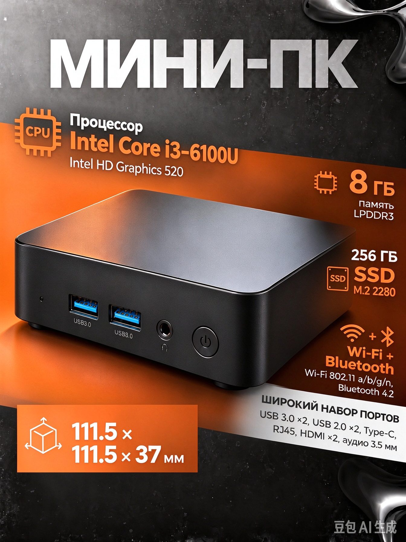 Мини-ПК , Intel Core i3-6100U, Intel HD Graphics 520, Windows11 pro, черный